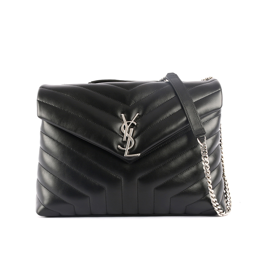 【YSL/ Saint Laurent Paris】V紋銀鍊小牛皮學院風二用包(黑色) 458749 DV726 1000