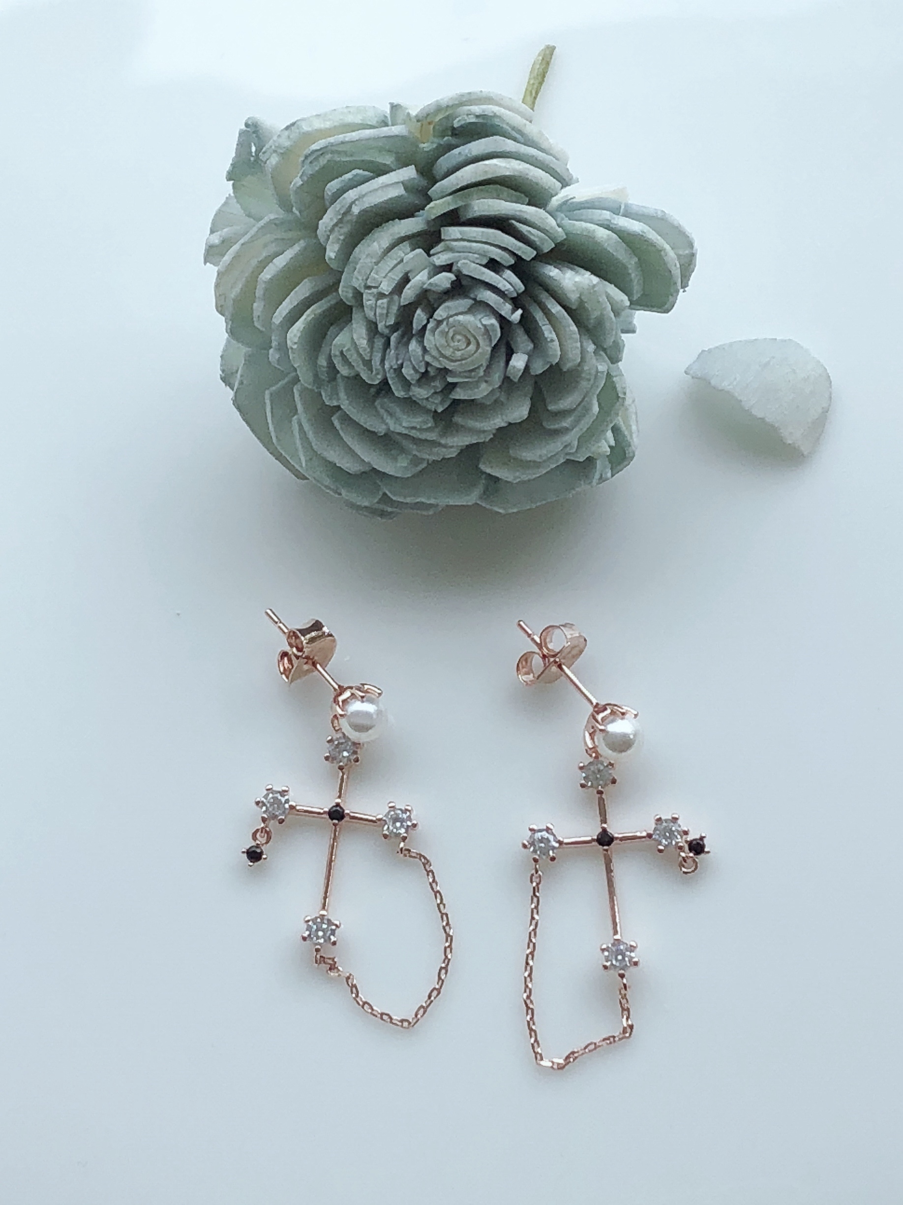 【迷你黑鑽珍珠極美】 玫瑰金 時尚造型耳環 (銀針)