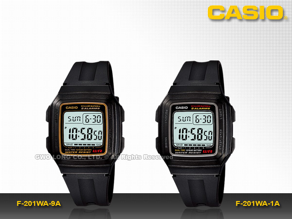 CASIO F-201WA 電子錶 橡膠錶帶 生活防水 碼錶 LED背光照明│國隆