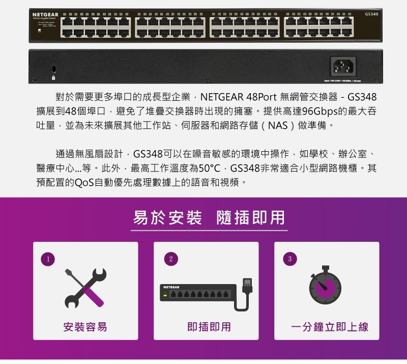 NETGEAR GS348 48埠 Gigabit 交換器