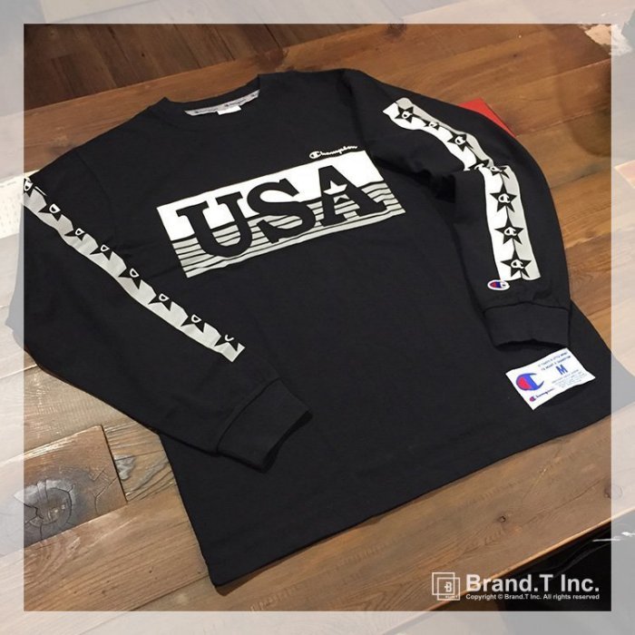 【CHAMPION】CHAMPION USA LONG SLEEVE T-SHIRT 黑色 星星 國旗 薄長T