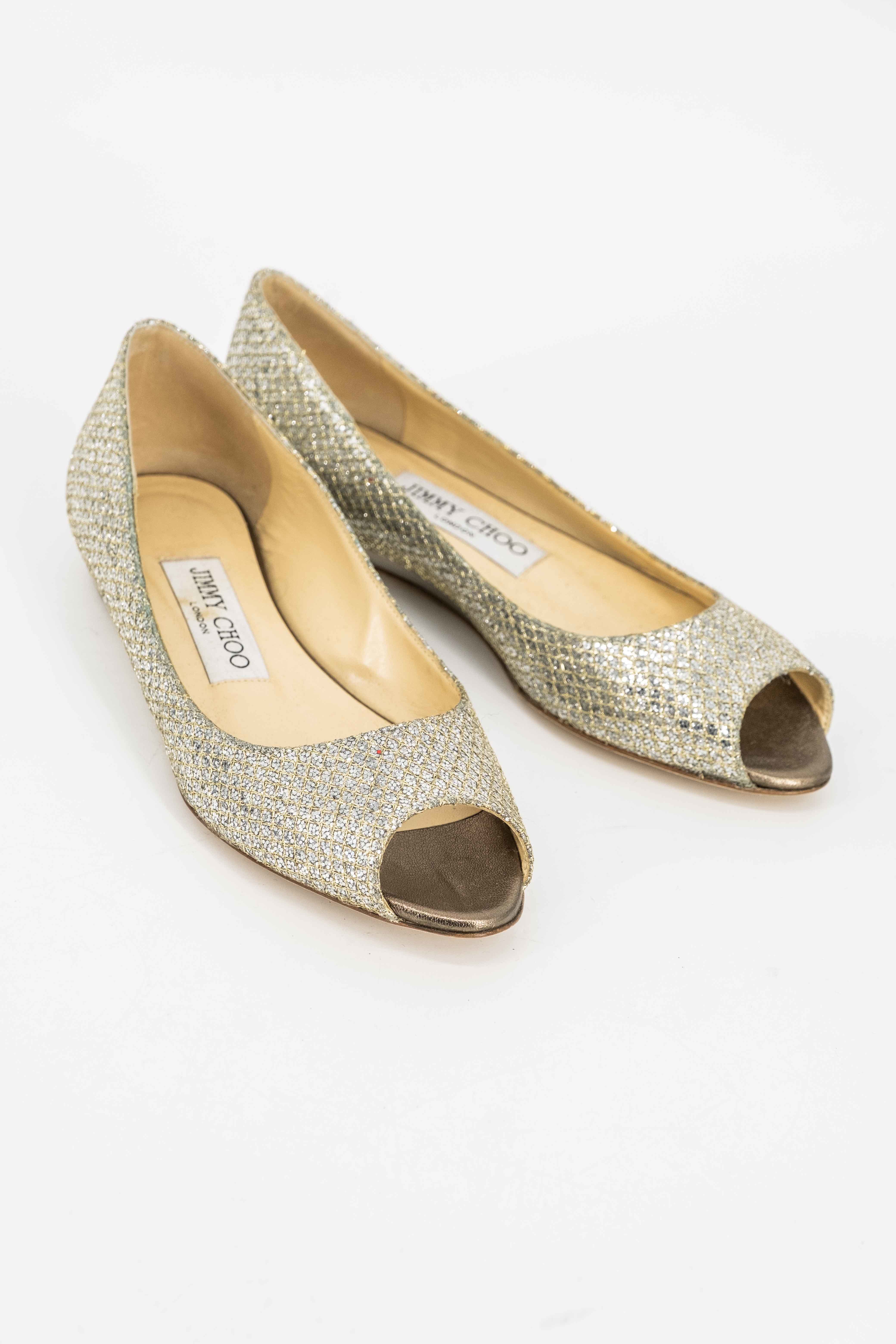 JIMMY CHOO GLITTER OPEN TOE FLATS