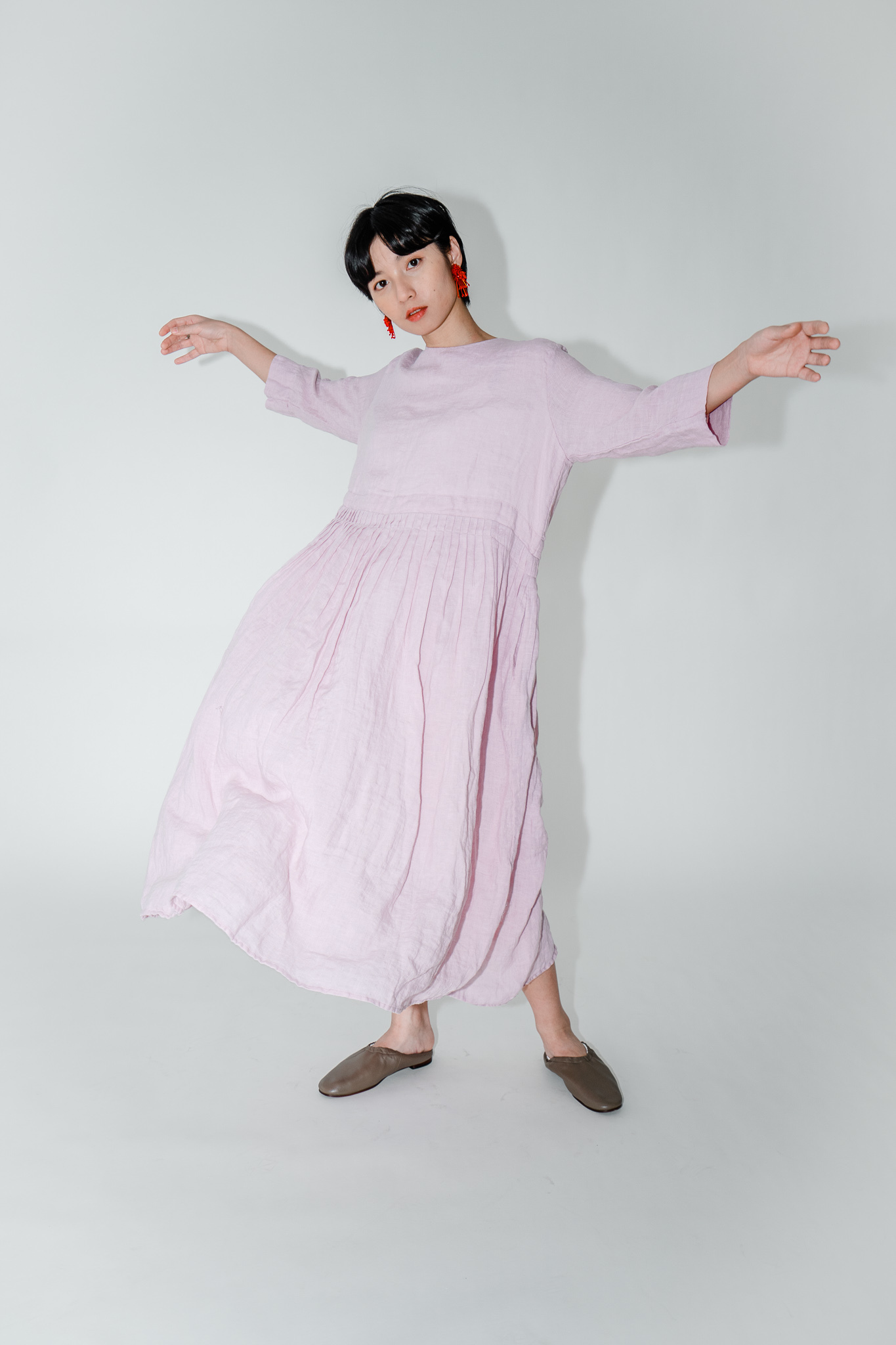 Linen leng pleated dress (Pink)