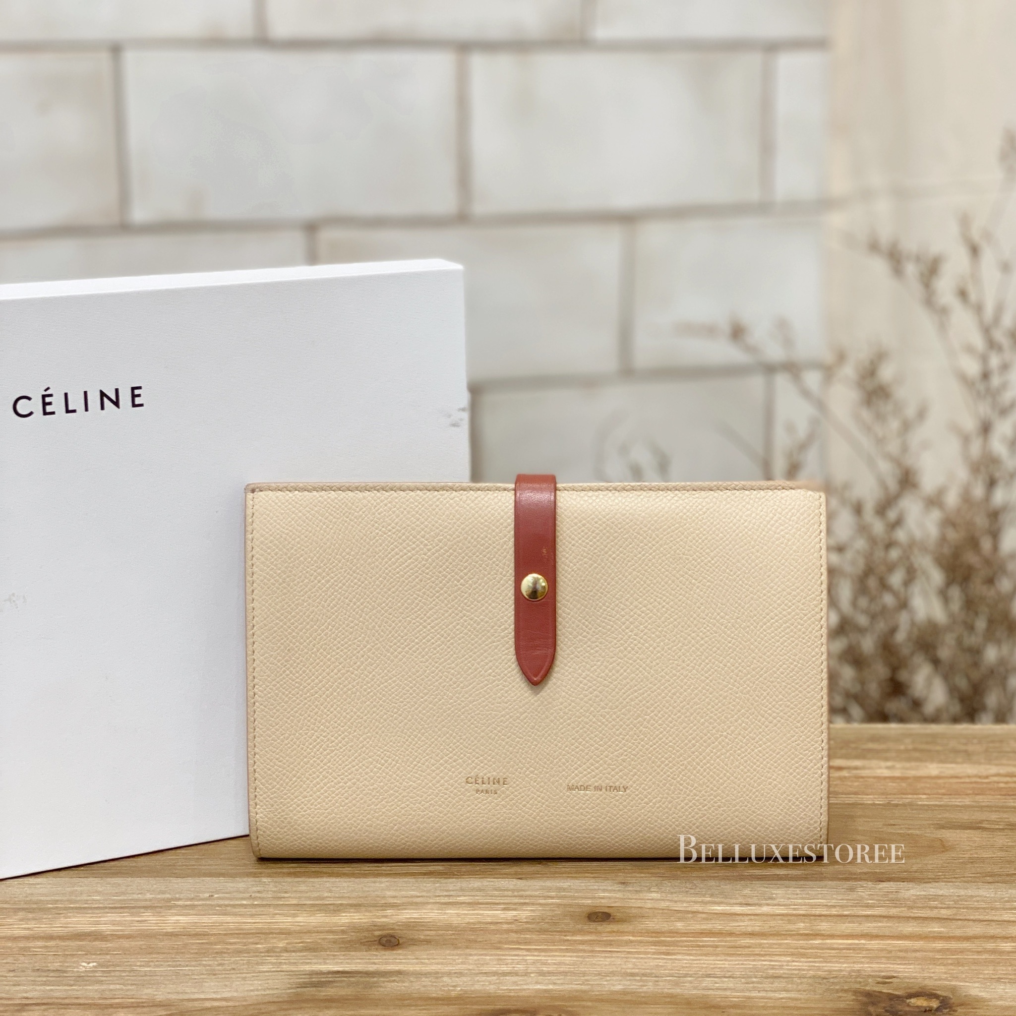Celine strap wallet large old logo beige x red