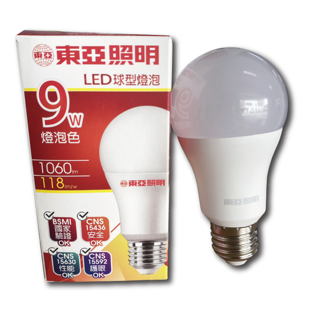 【貝利亞燈飾】東亞 LED E27 9W 球泡 球泡燈 黃光 白光 全電壓 通過CNS認證 全新規格