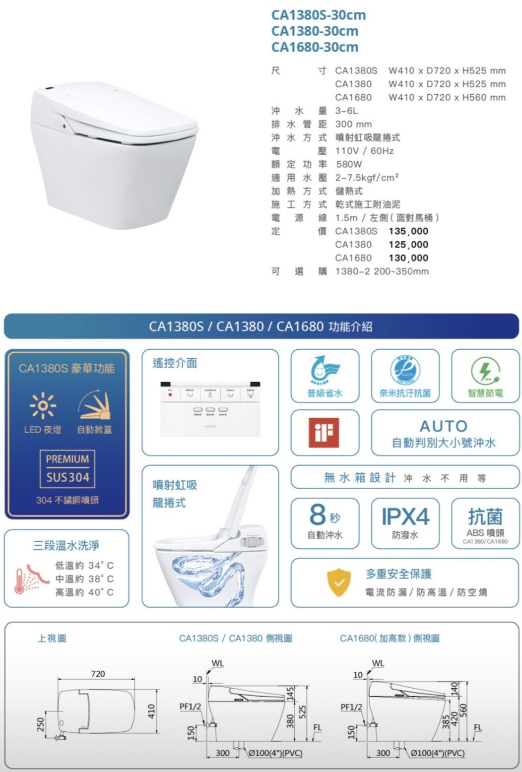 凱撒 免治馬桶 推薦型號 C1380 全自動智慧電子單體數位馬桶