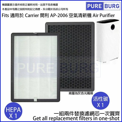 一組兩片適用於Carrier開利 AP-2006 五重淨化空氣清新機 HEPA + 活性碳替換用濾網濾芯組 A