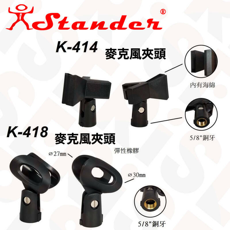 Stander K-414 有線無線兩用麥克風夾-夾式 K-418 有線無線兩用麥克風夾 5/8"銅牙