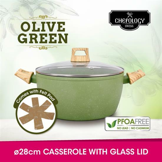 Chefology Olive Green 28cm Casserole with Lid FOC Felt