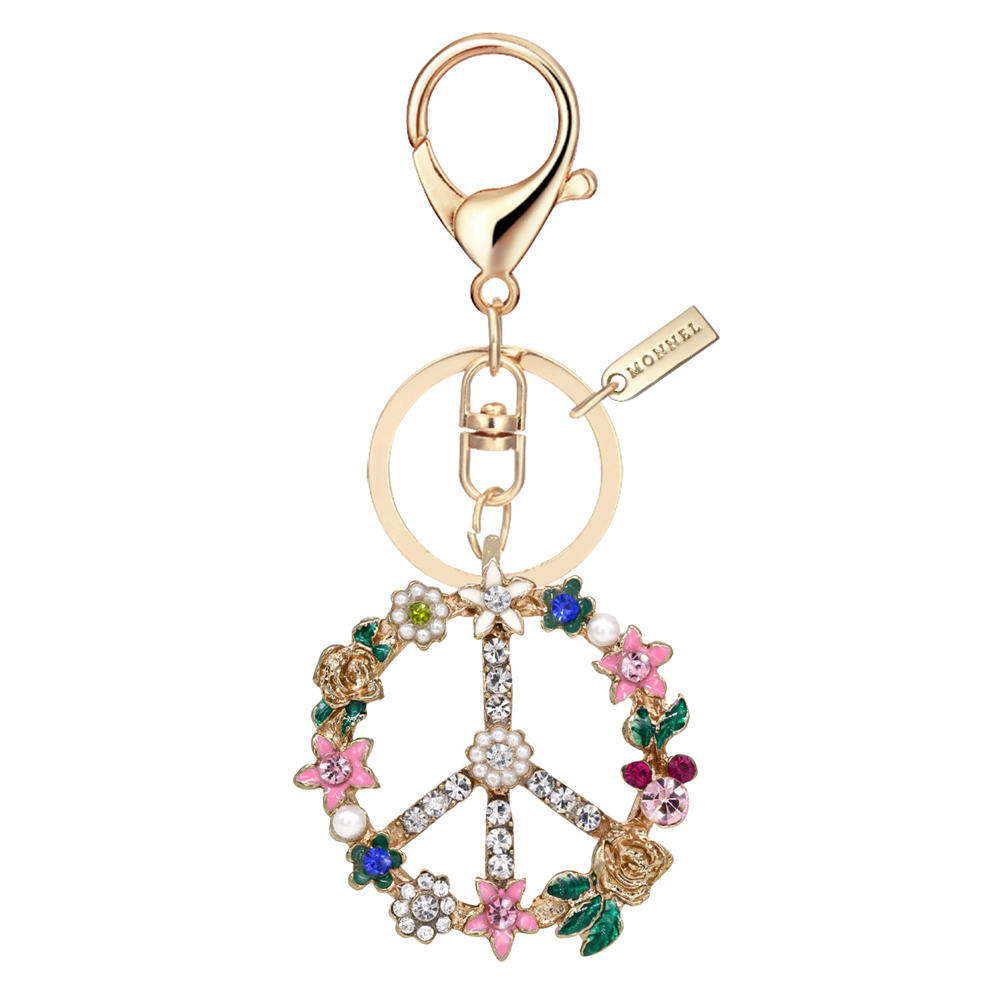 Monnel Golden Rhinestone Peace Sign Keychain