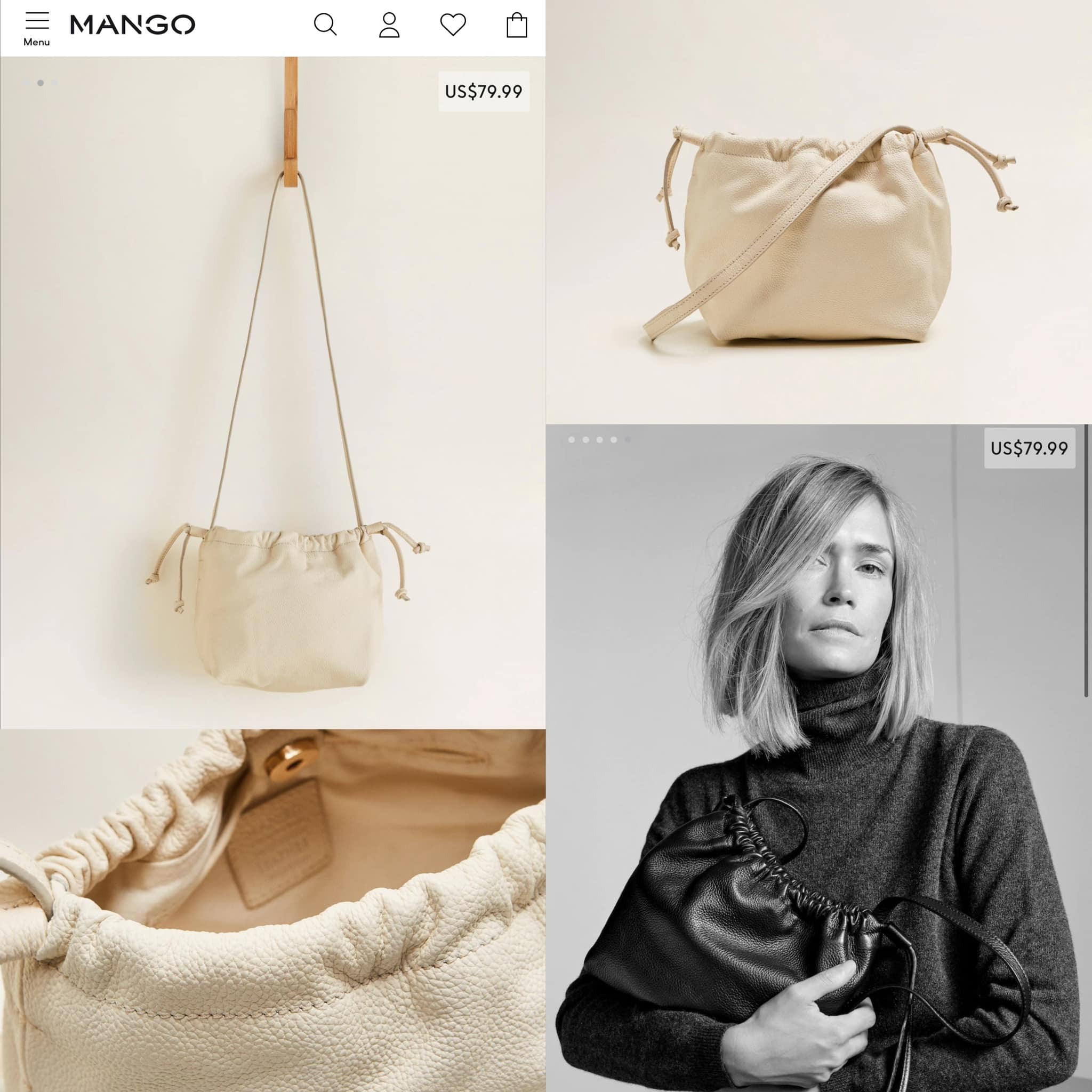 MANGO Leather bucket bag 皮革水桶包 (米白色)