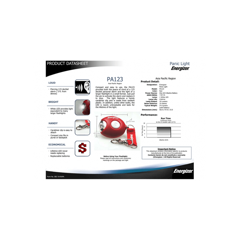ENERGIZER PANIC ALARM & LED LIGHT PA123
