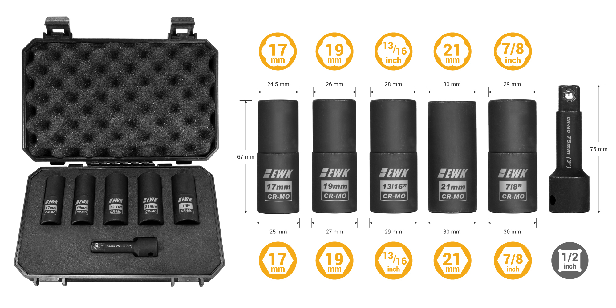 6 Pcs Flip Hex / Twist Lug Nut Extractor Socket | EWK