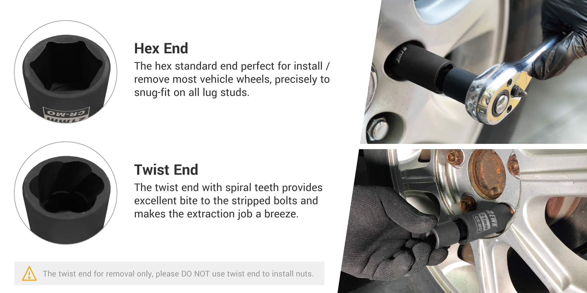 6 Pcs Flip Hex / Twist Lug Nut Extractor Socket | EWK