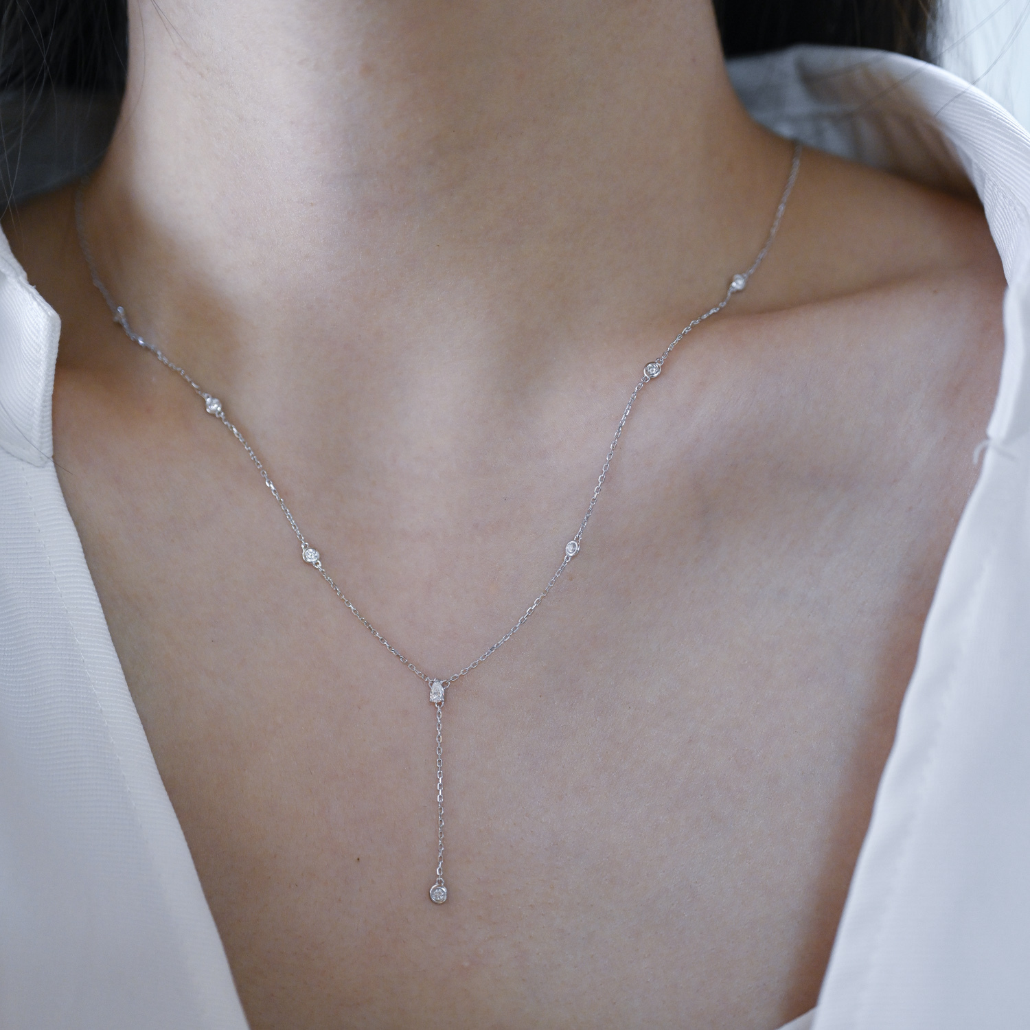 18K Pear Drop Long Diamond Necklace