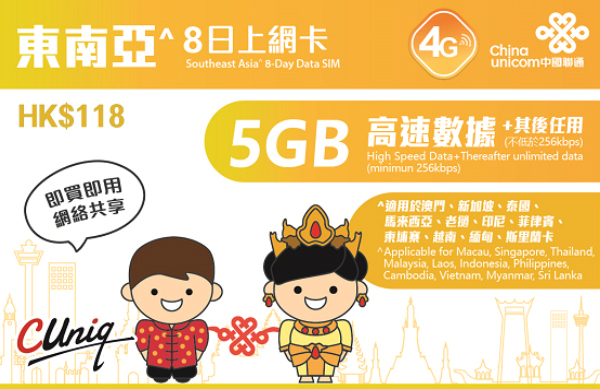 China Unicom -【S.Asia 8Days】Asia unlimited data Sim Car