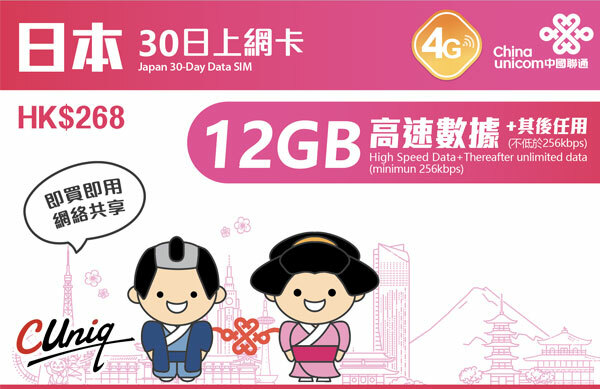 China Unicom -【Japan 30Days】4G/3G unlimited data Sim Ca