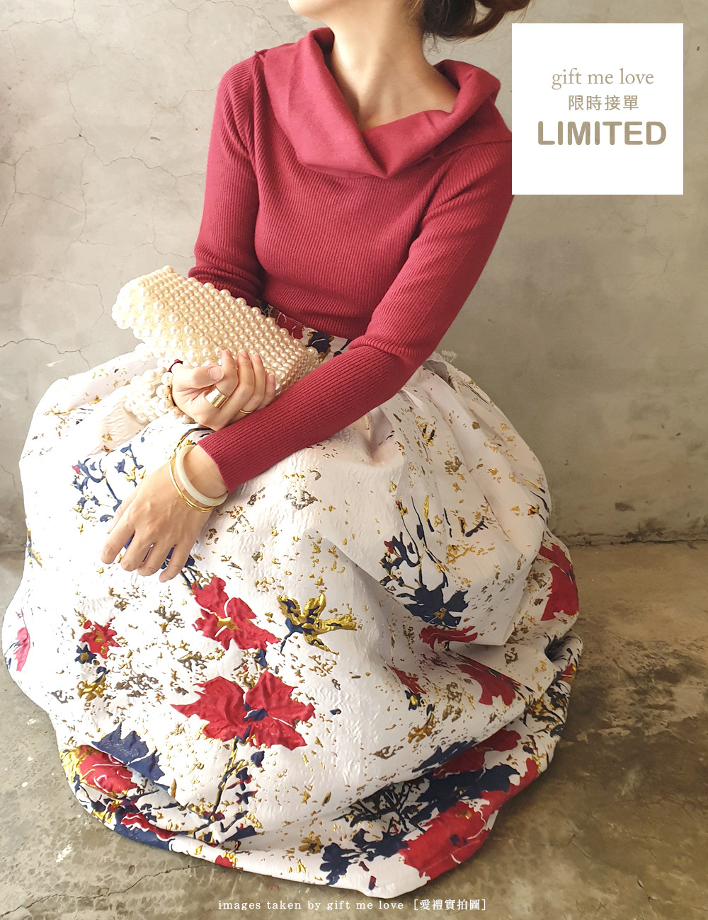 【限時接單】金色紗線 深藍紅花朵 定位緹花 寬折大圓裙（JQ39）