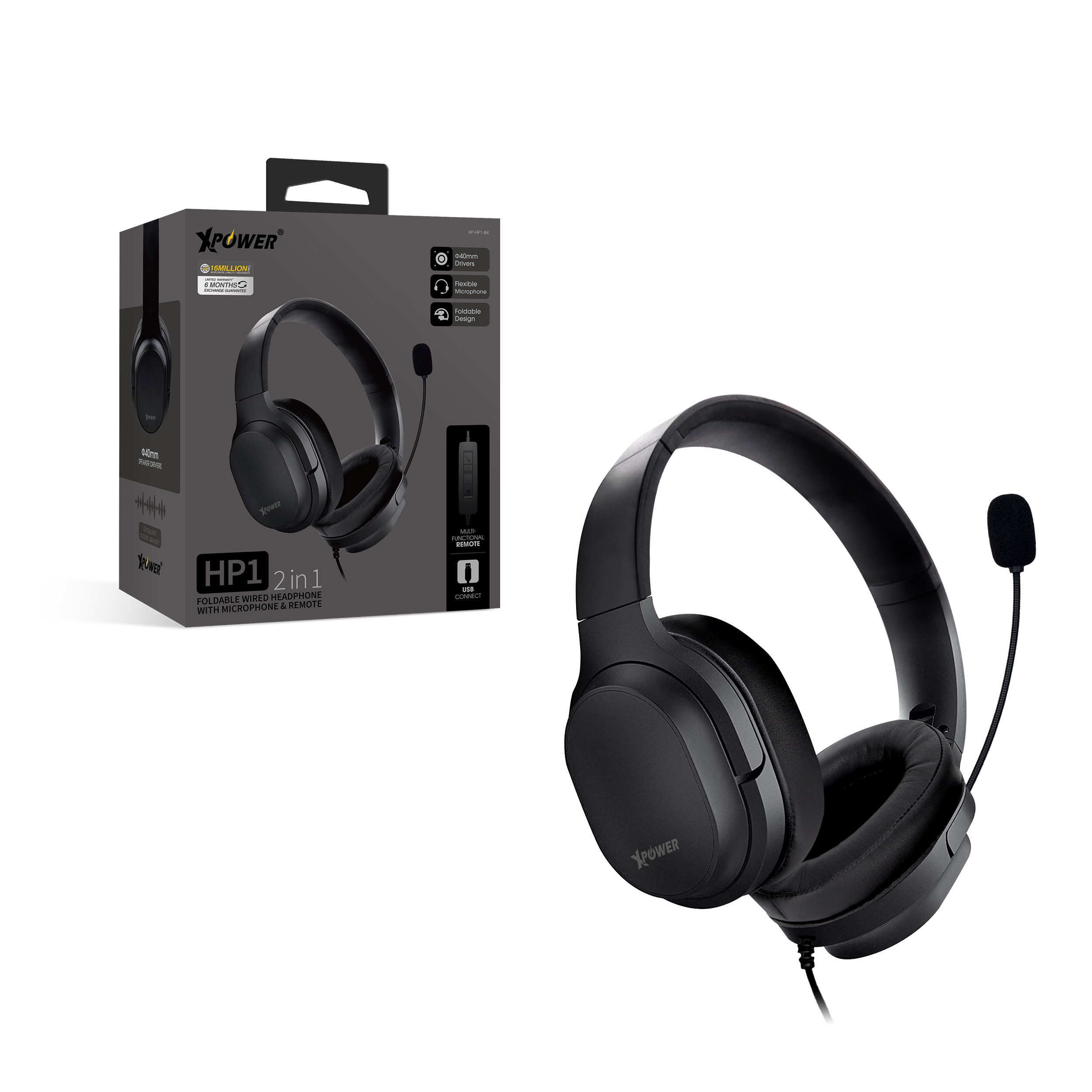 XPower HP1 2合1 可折疊有線頭戴式耳機連麥克風及線控