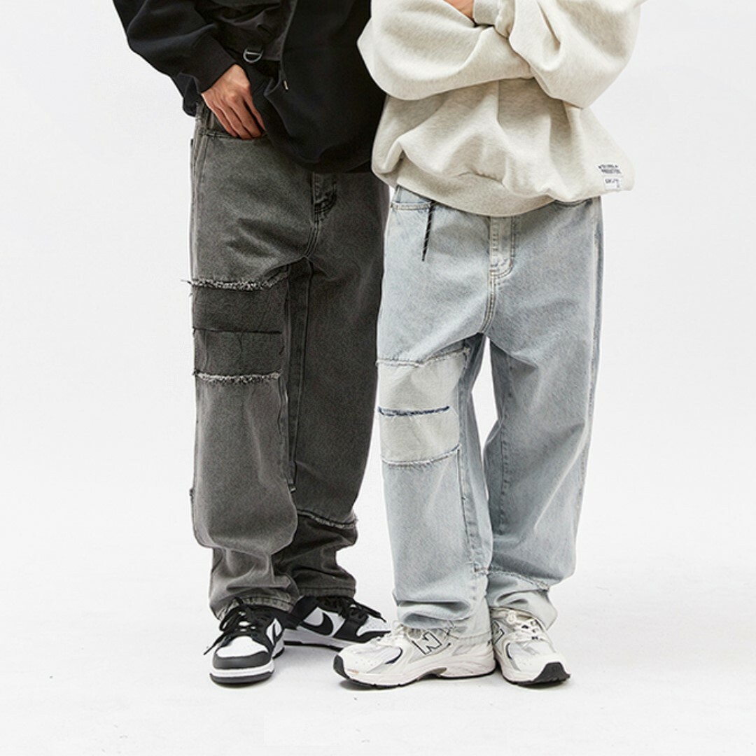 cp9550 | 挺身厚料寬鬆手功拚布石磨洗水牛仔褲 - 兩色