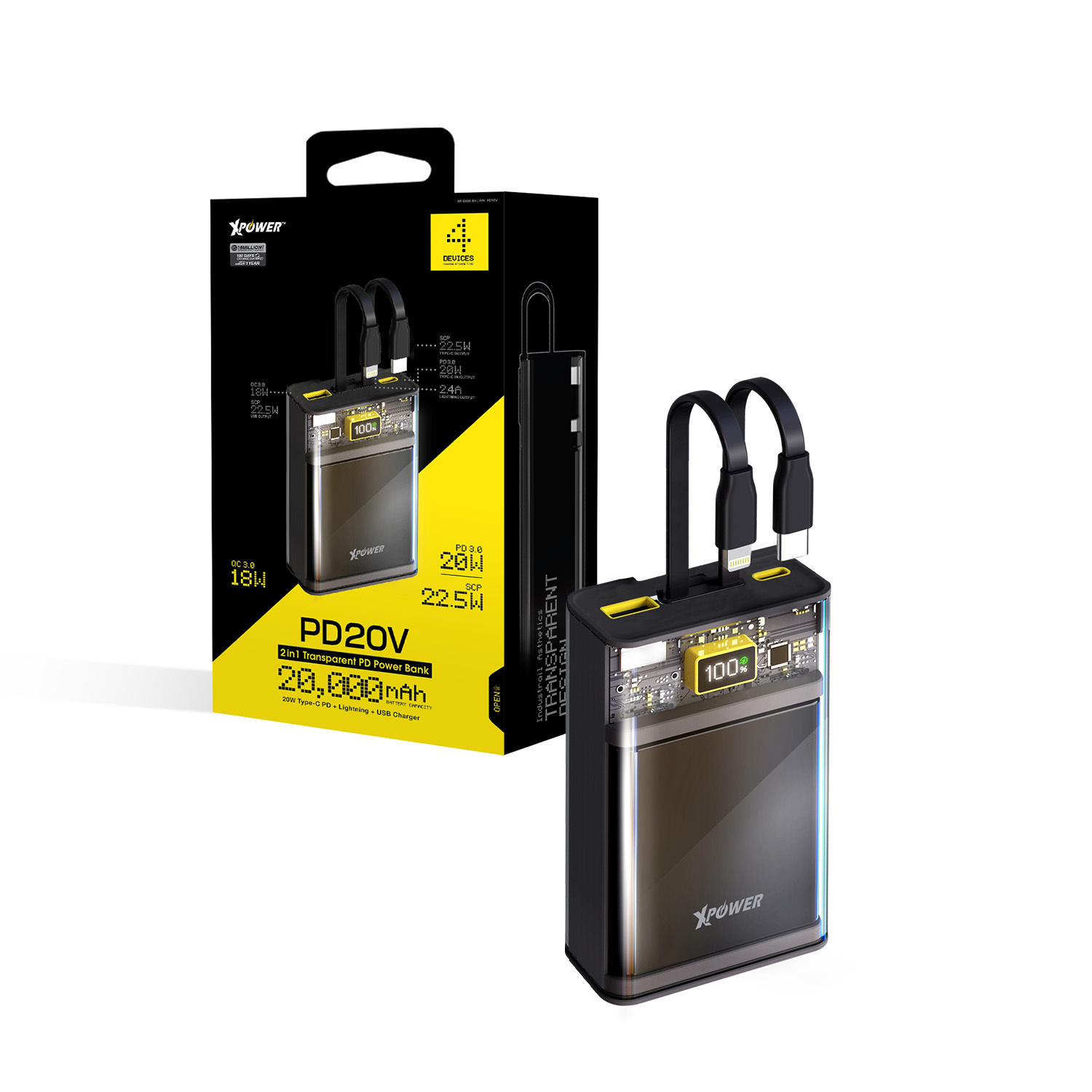 XPower PD20V 2合1 20,000mAh透明PD外置充電器