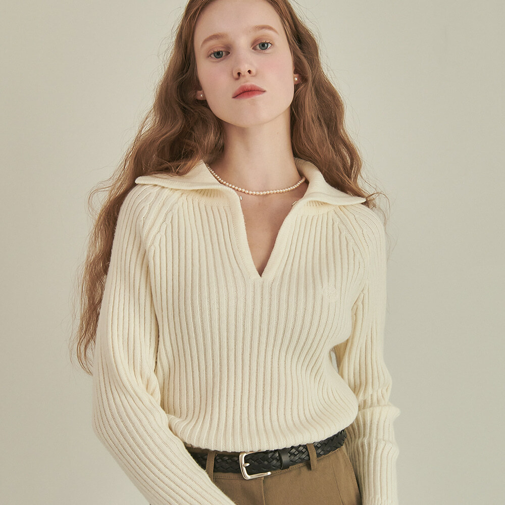RONRON Raglan Collar Hook Cashlike Knit Ivory