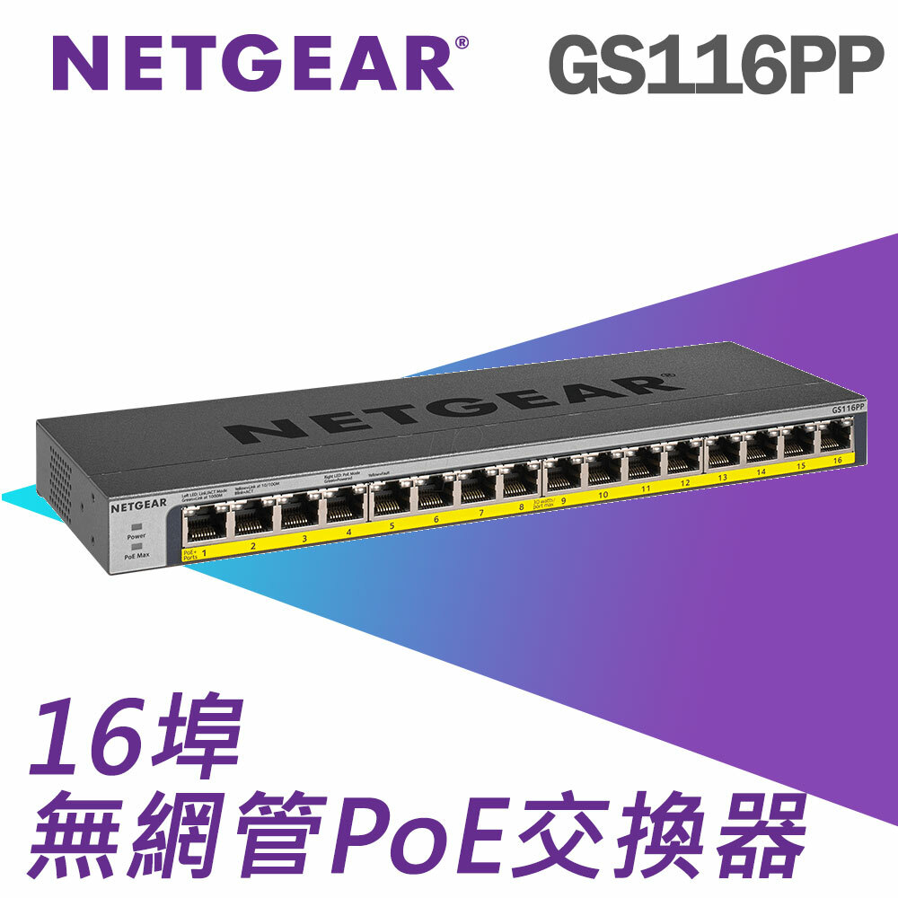 NETGEAR GS116PP 16 埠 Gigabit PoE/PoE+ 無網管交換器