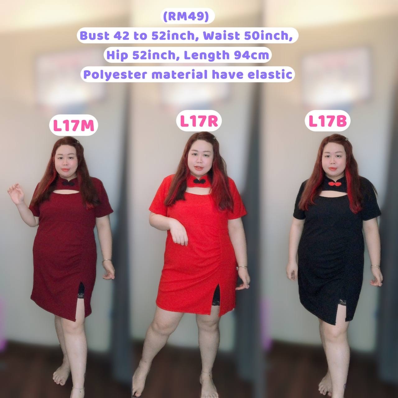 L17 - Bust 42 to 52 inch, Waist 50 inch, Hip 52 inch, Length 94cm