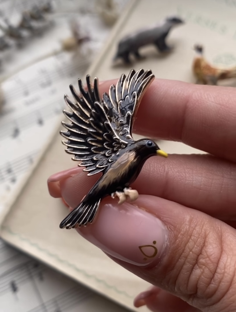 Fable Enamel Black Bird Brooch 40109