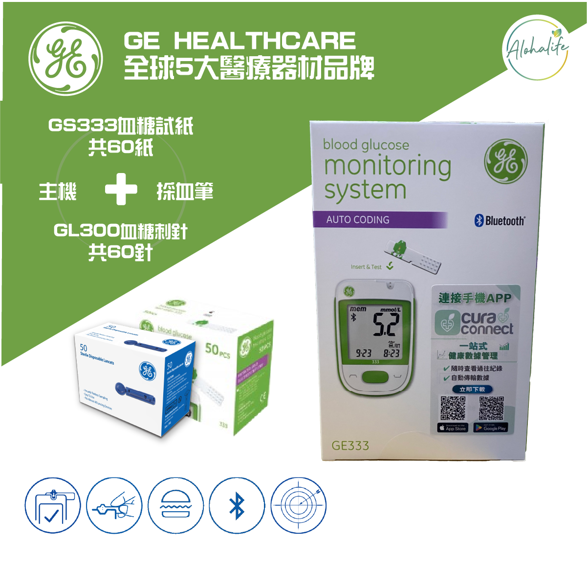 美國GE333血糖機套裝 (血糖機1部+GS333血糖試片(50片)1盒+採血針(50支)1盒)