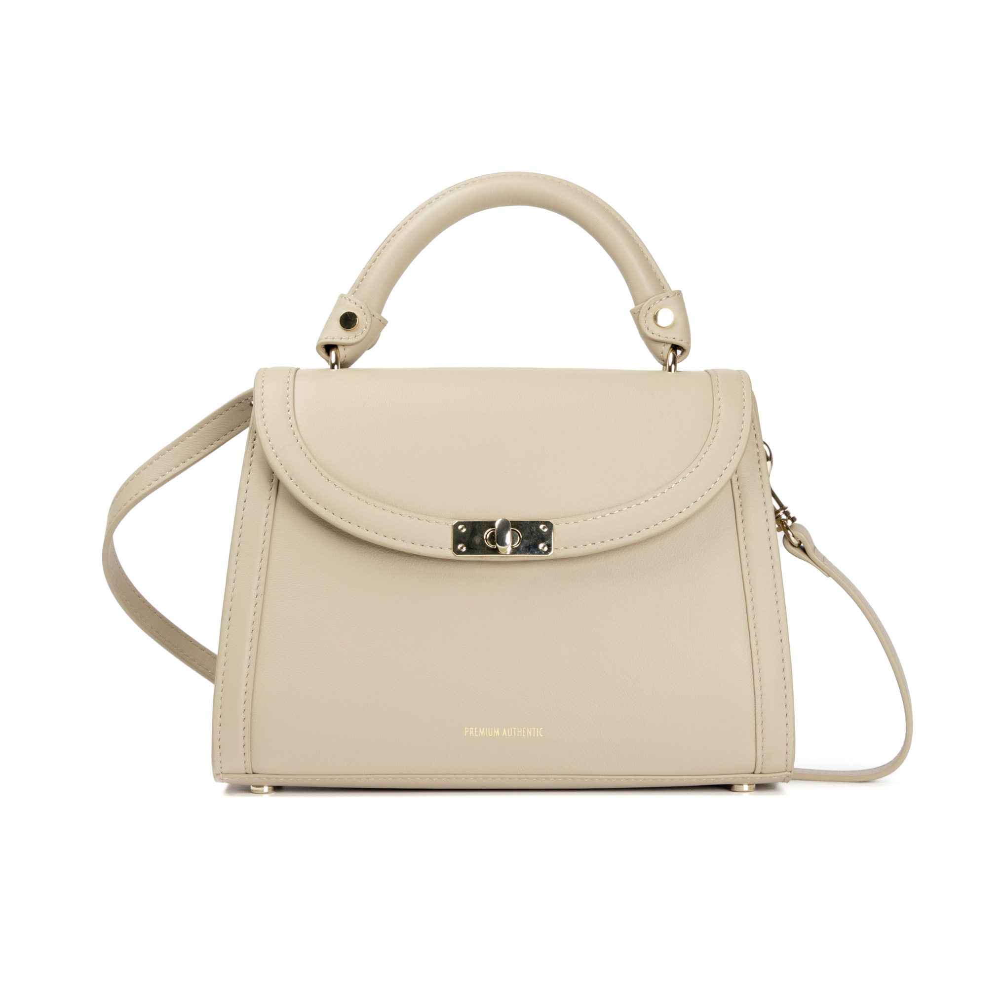 PA．LOCK真皮轉鎖手提包-卡其色