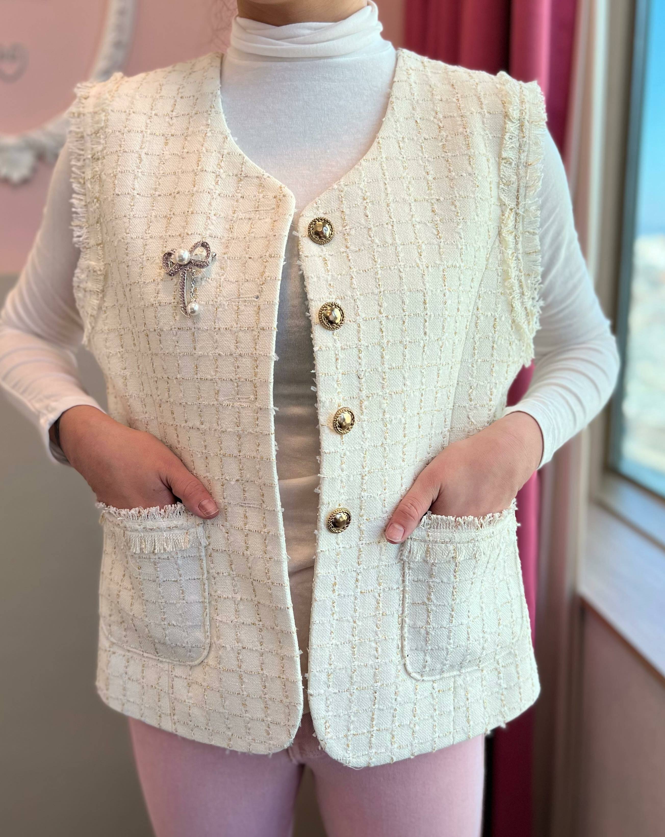 JK300 挺身格紋v領tweed 馬甲