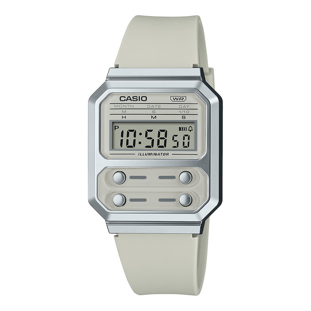 A100WEF-8A CASIO 電子錶 膠質錶帶 淡灰復古 LED照明 日常生活防水 A100W │國隆