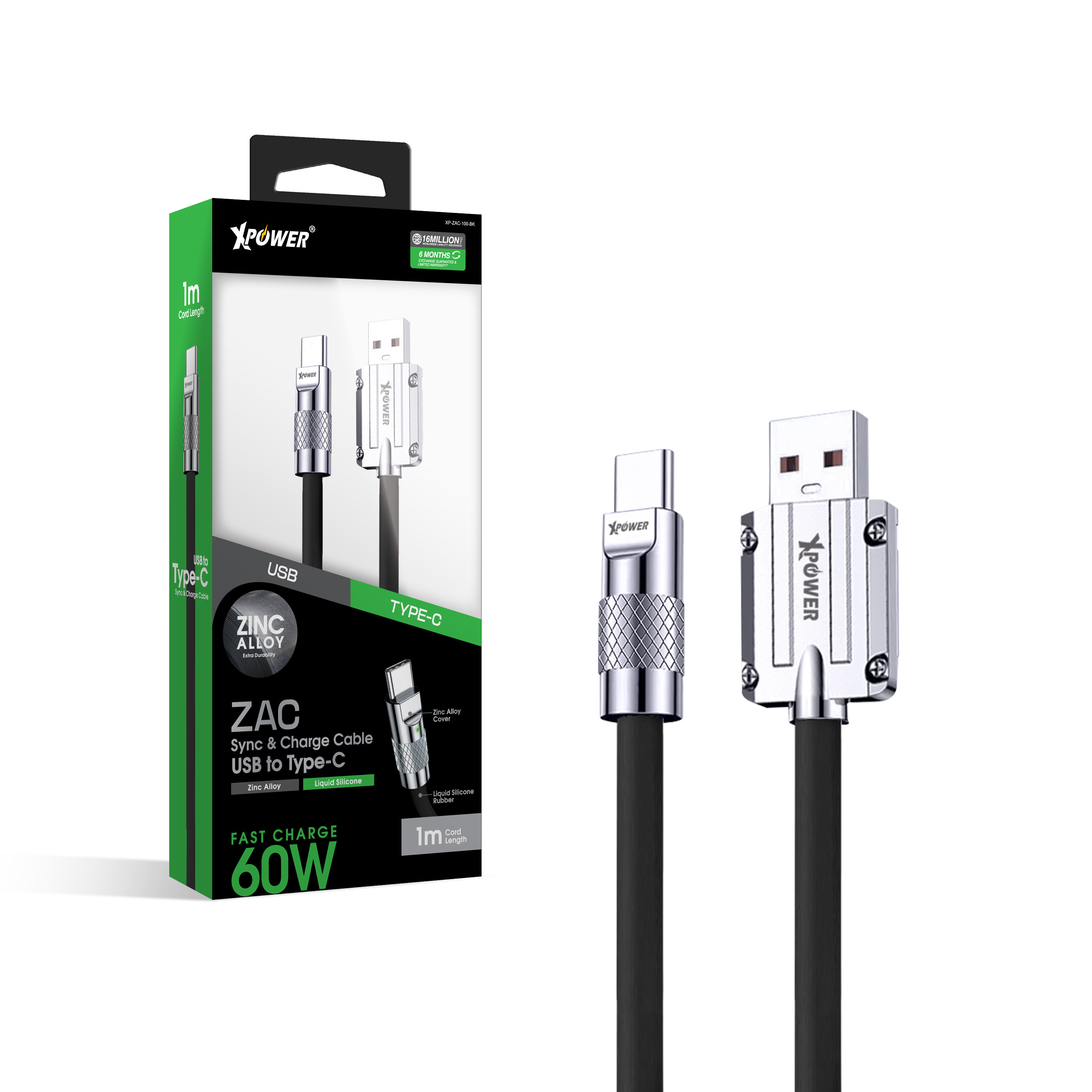 XPower ZAC 1M 鋅合金60W高速傳輸充電USB>Type-C線