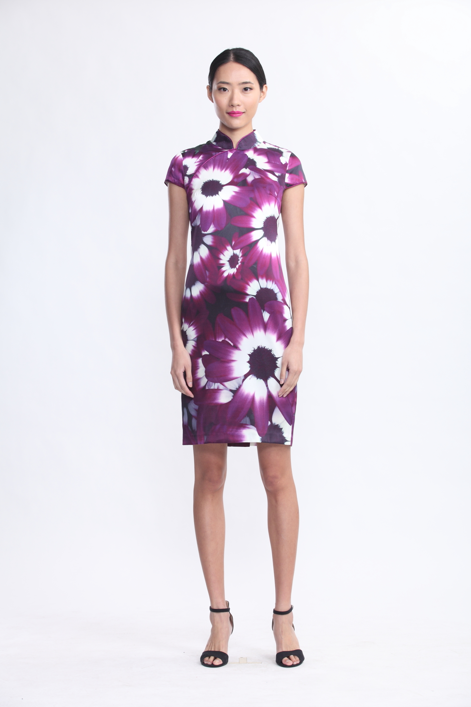 PURPLE CINERARIA PRINT SILK QIPAO
