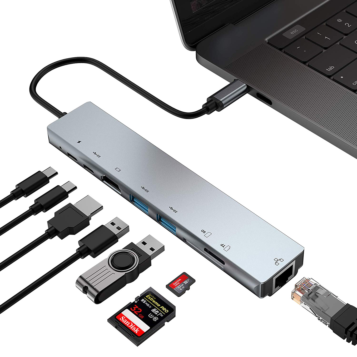 Type C 8 in1 4K RJ45 HDMI@60Hz USB 3.0 擴展器 Hub 讀卡器