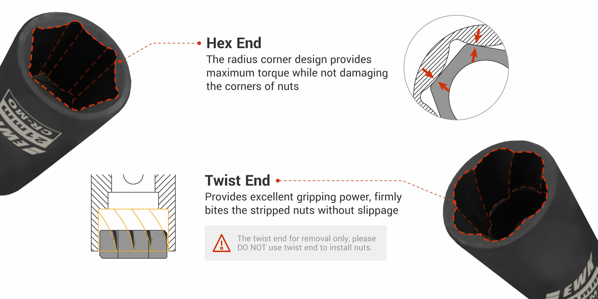 6 Pcs Flip Hex / Twist Lug Nut Extractor Socket | EWK