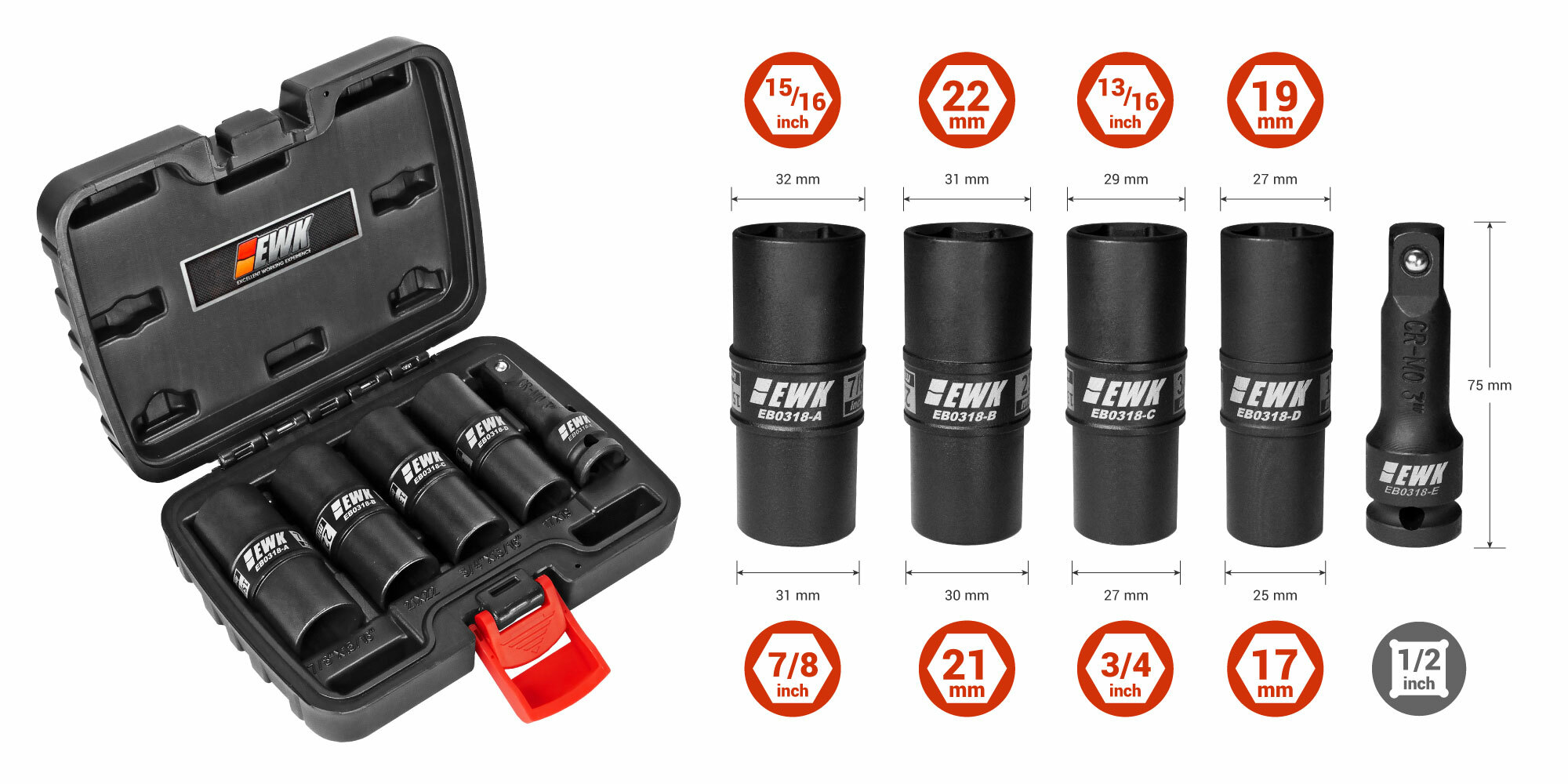 5 Pcs Flip Socket Set with 3" Extension Bar | EWK