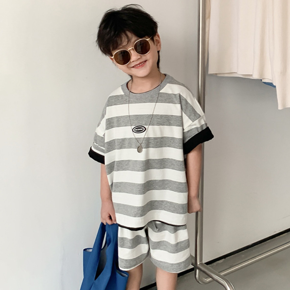 SP-6325 撞色橫間貼標圓領棉質tee+短褲兩件套