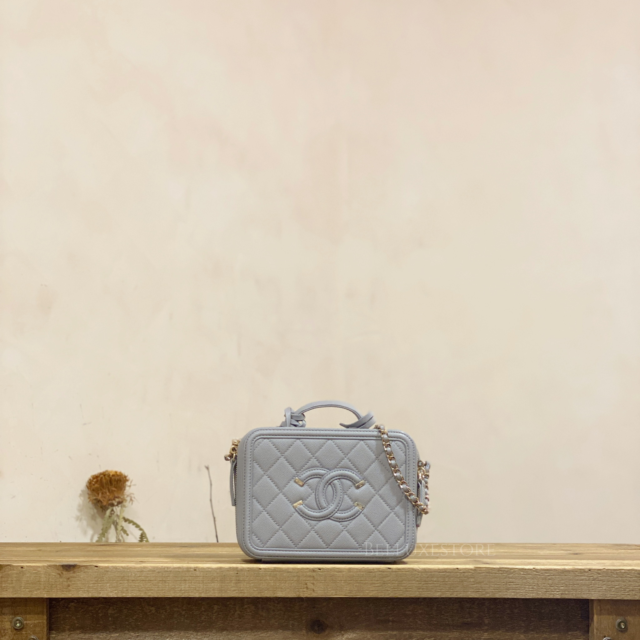 [Pre-owned] Chanel vanity case small caviar grey/ gold