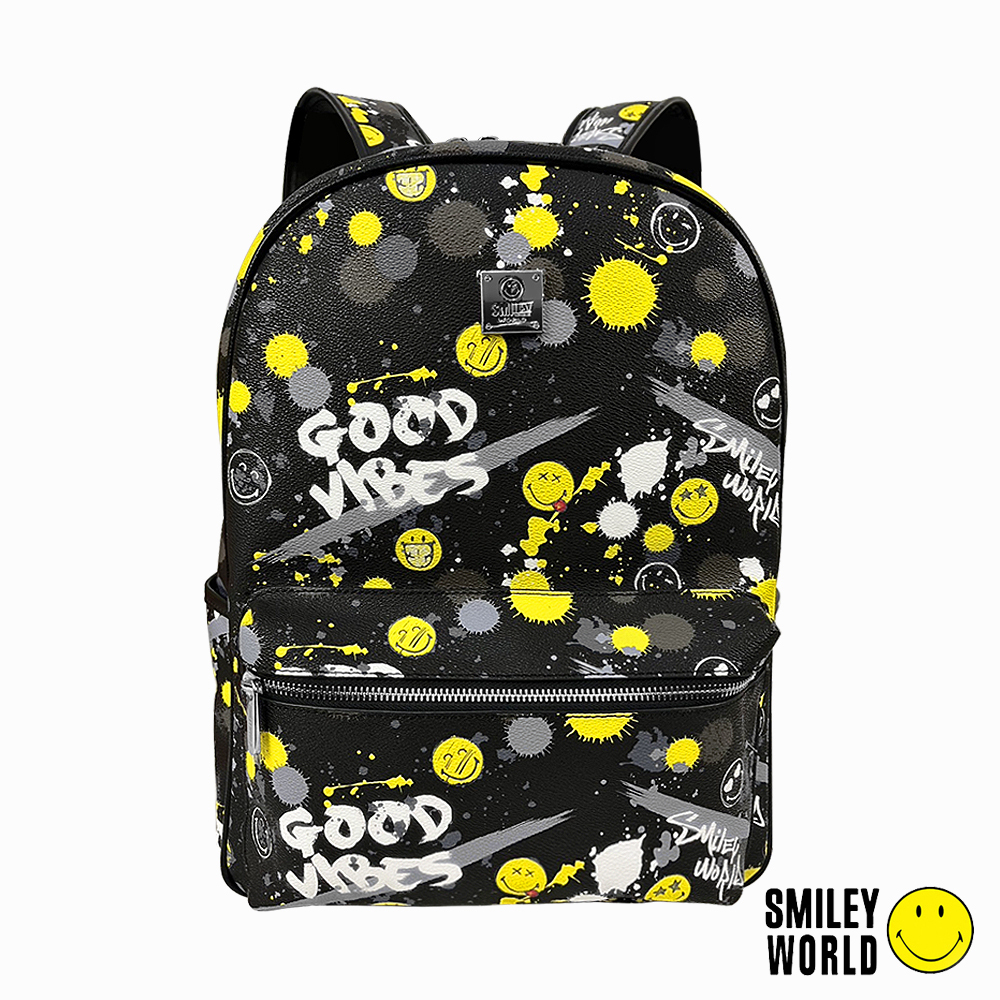 【SMILEY WORLD】 加大款時尚百搭雙肩後背包/潮流後背包(黑)