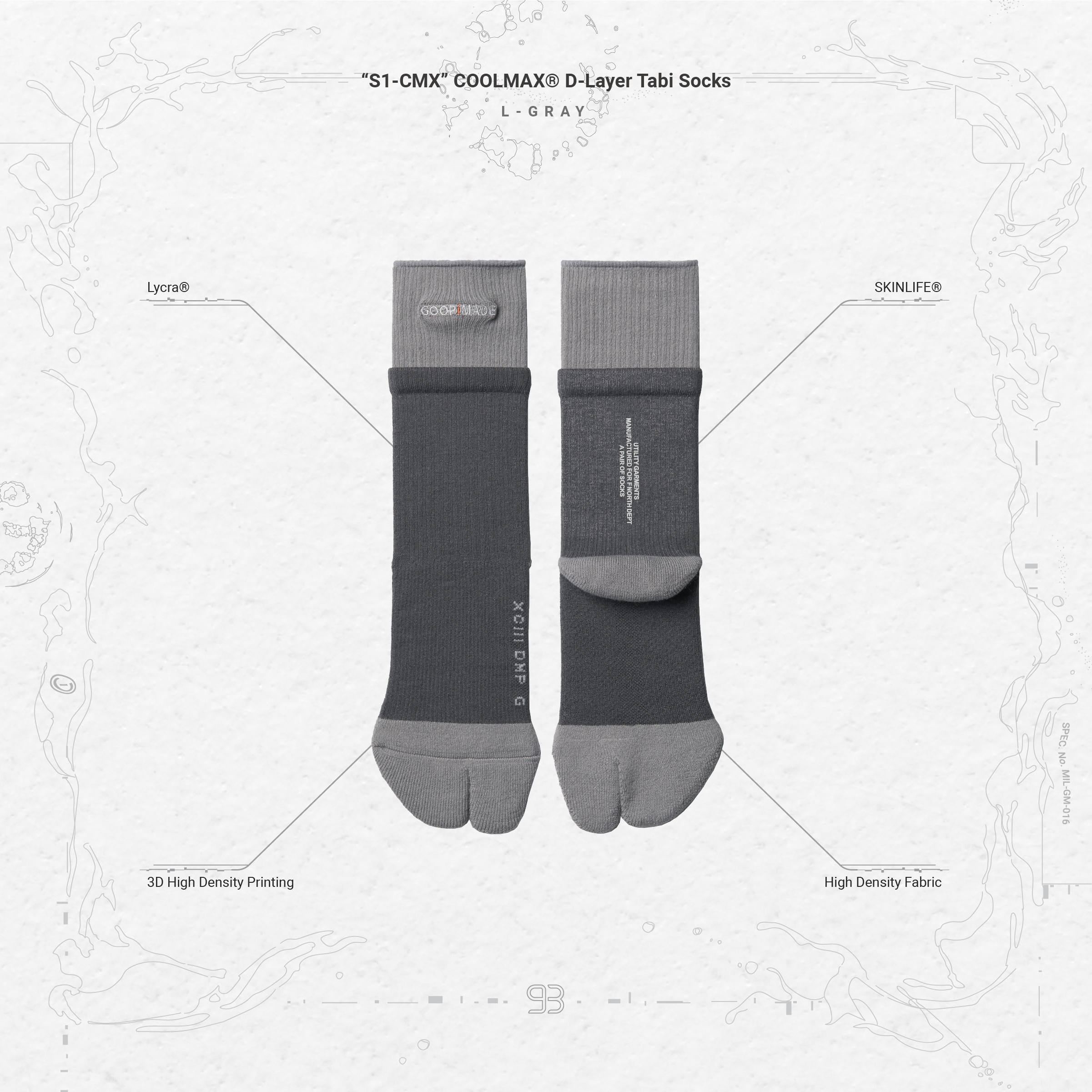 “S1-CMX” COOLMAX® D-Layer Tabi Socks - L-Gray