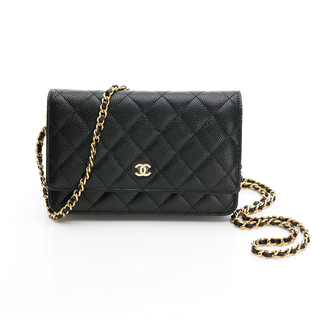 CHANEL 經典菱格紋牛皮WOC手拿/斜背包(黑金)