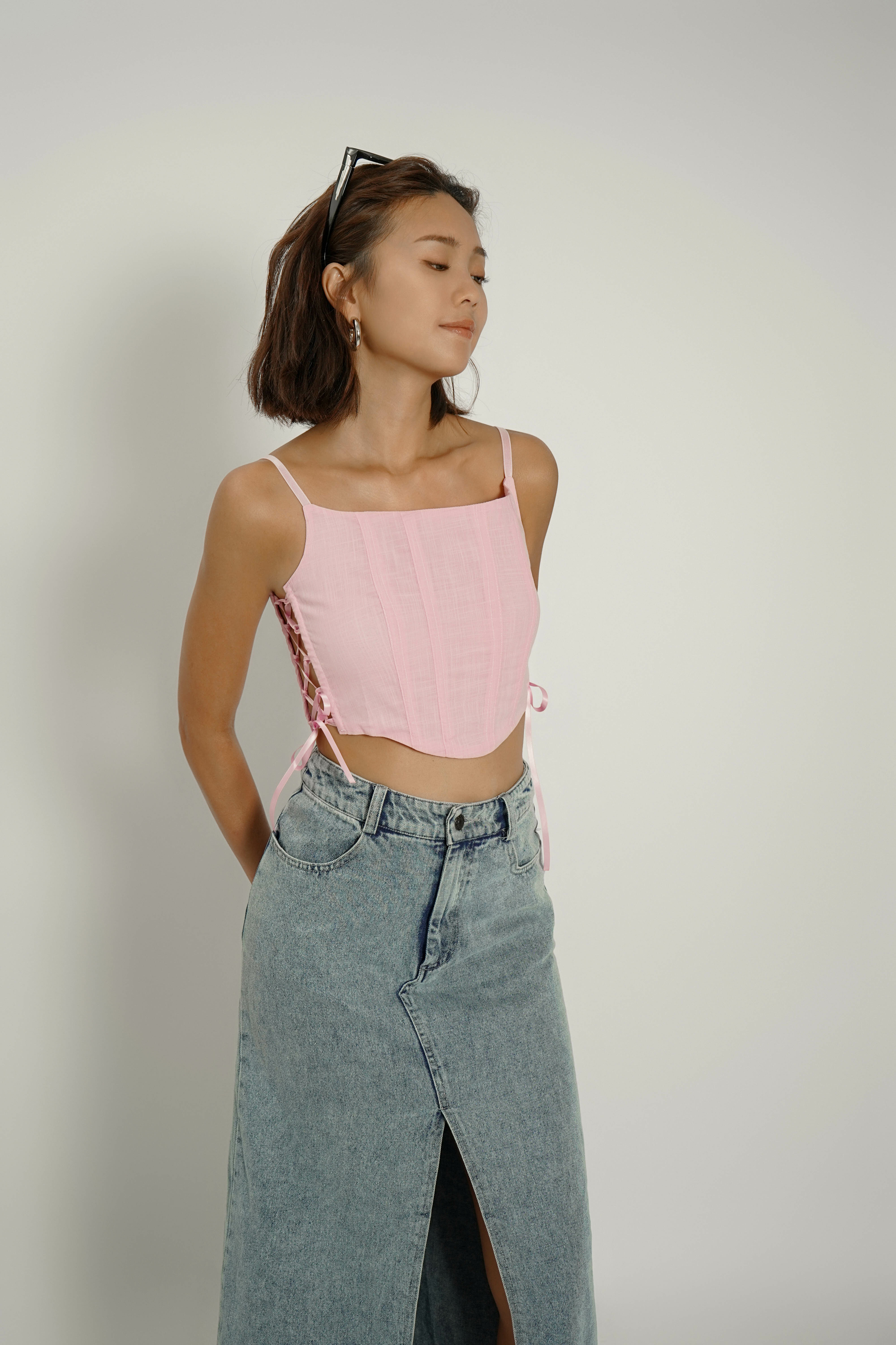 Rona Tie Fastening Corset Top /3color 歐美棉麻交叉綁帶魚骨馬甲上衣