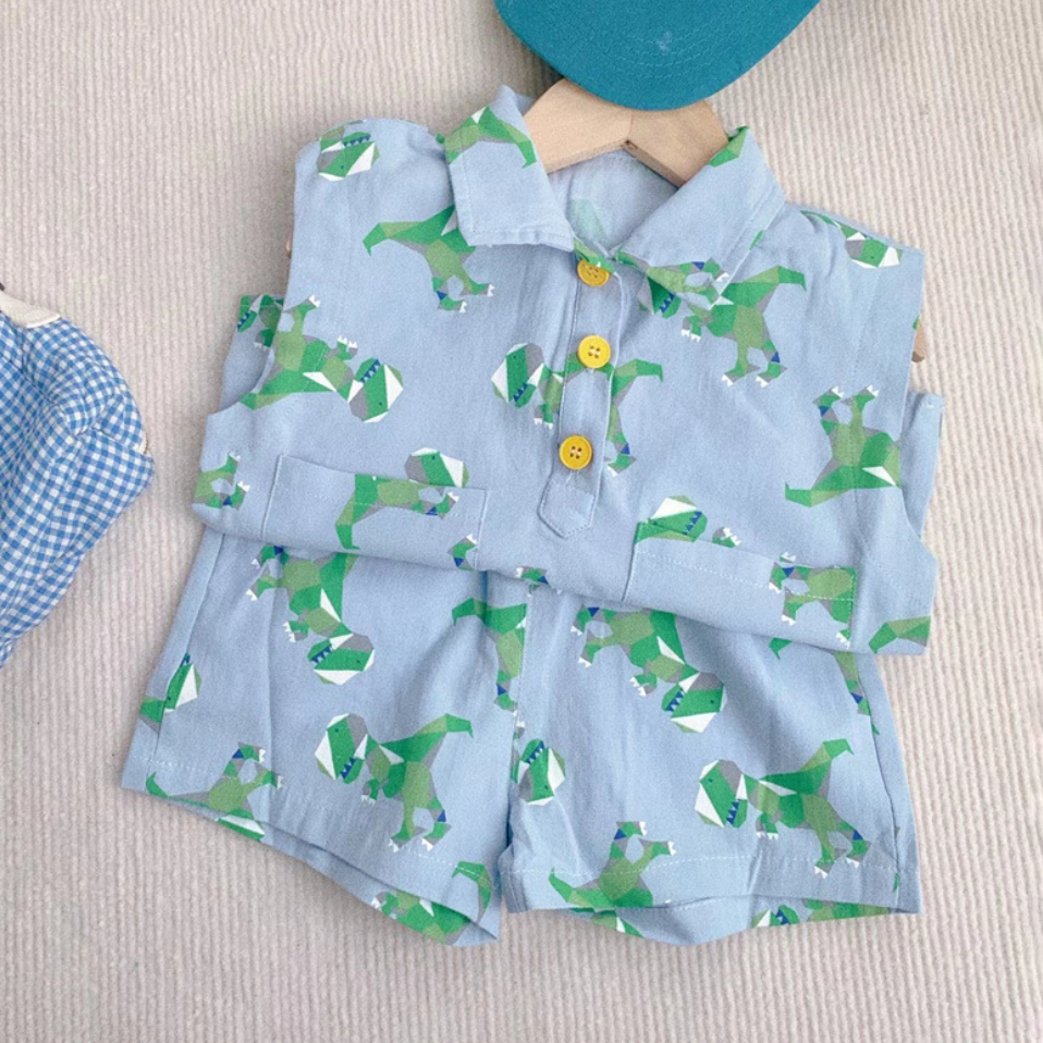 SP-6477 卡通恐龍滿印翻領棉質上衣+短褲兩件套