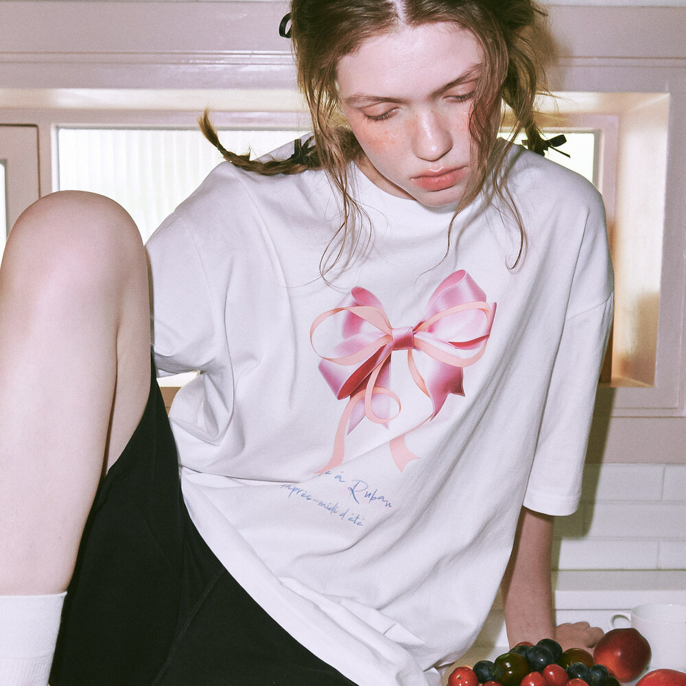 [RONRON] DOUBLE RIBBON OVER FIT T SHIRT WHITE