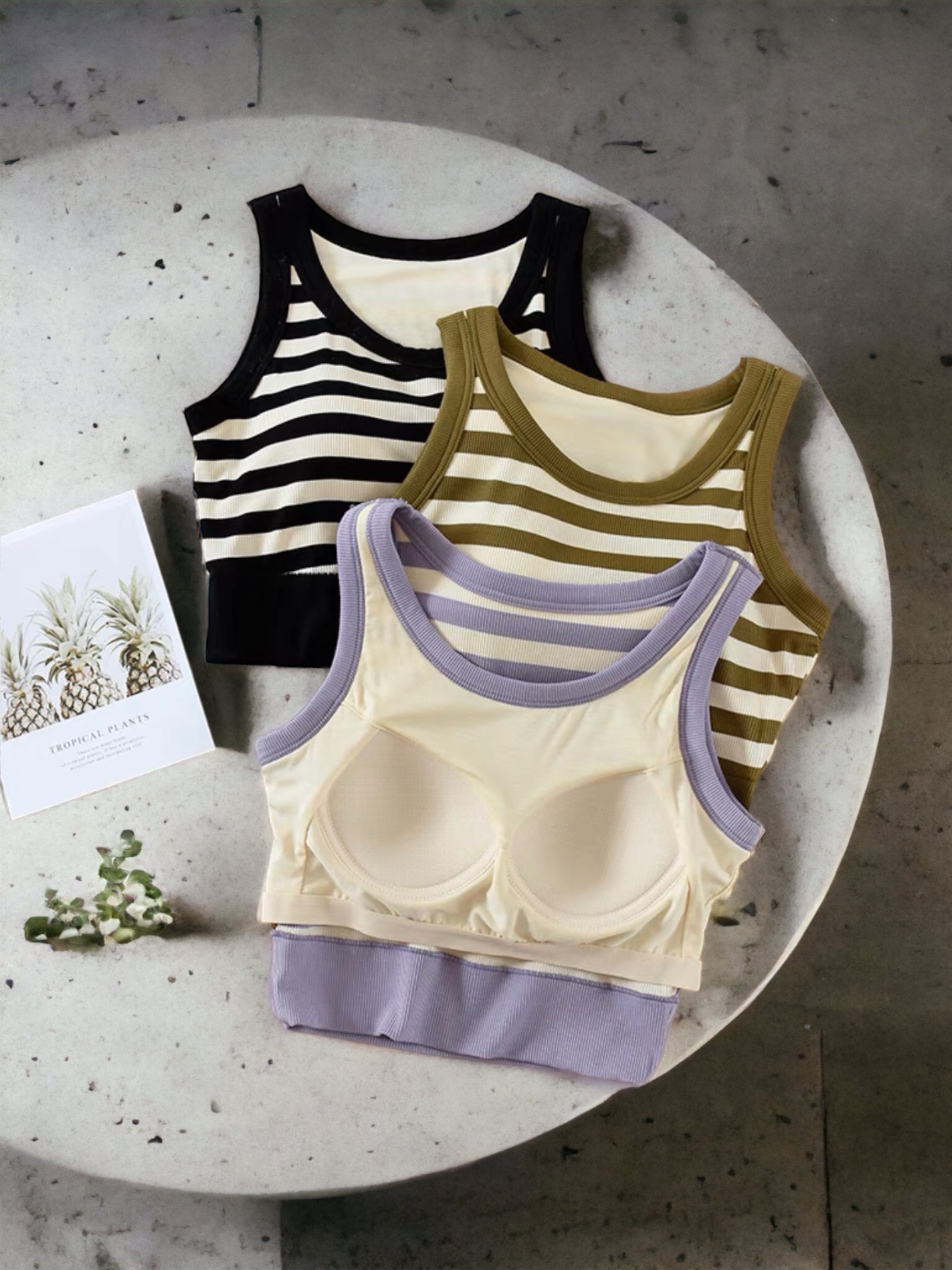 Built-in Shelf Bra Stripe Crop Top [#775]