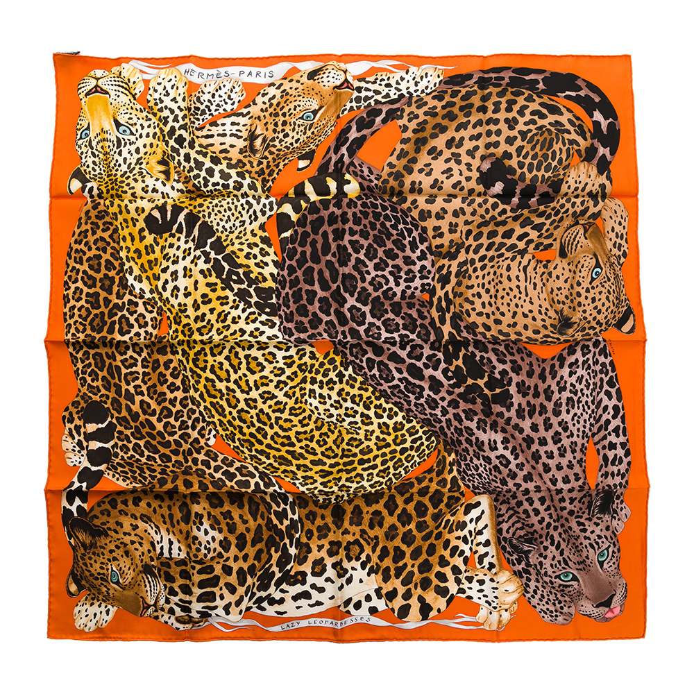 HERMES Lazy Leopardesses 90 慵懶豹真絲方巾(橘色/90cm)