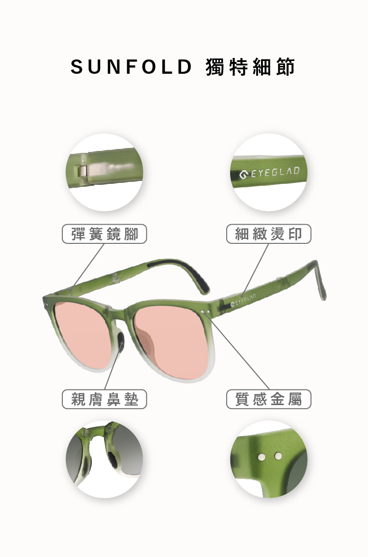 SunFold 輕量化折疊太陽眼鏡｜松石綠 (淺粉紅片)