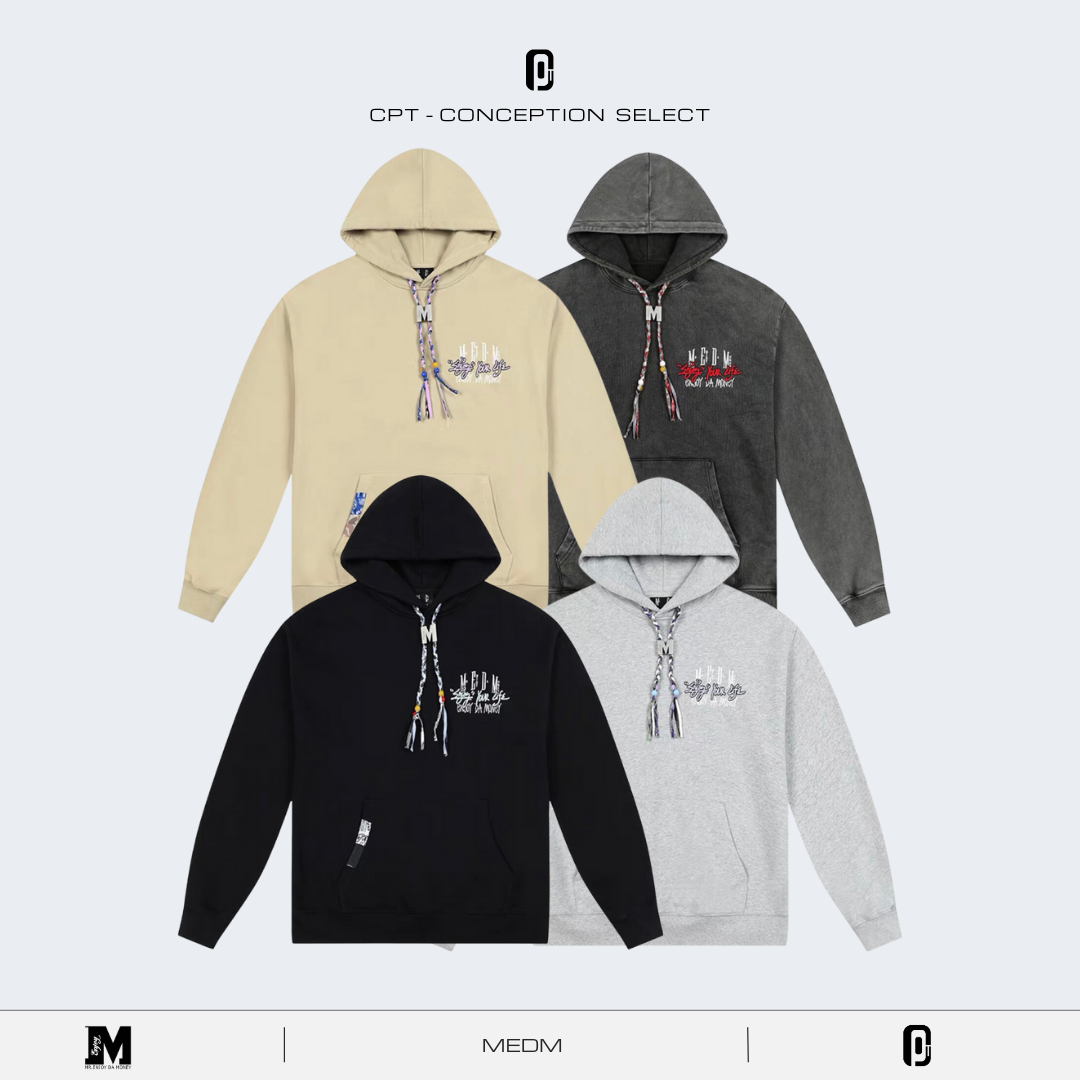 MEDM M扣編織抽繩 刺繡標語 秋季無刷毛 美式落肩寬鬆 帽T